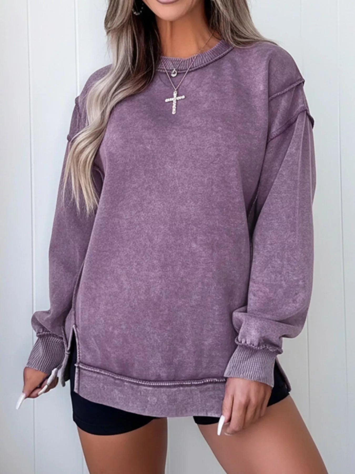 Wash Slit Round Neck Oversized Sweatshirt – Guava Lane